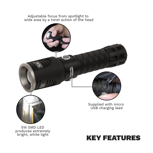 Sealey LED4491 ⏐ Rechargeable Aluminium Torch with Adjustable Focus 5W ...