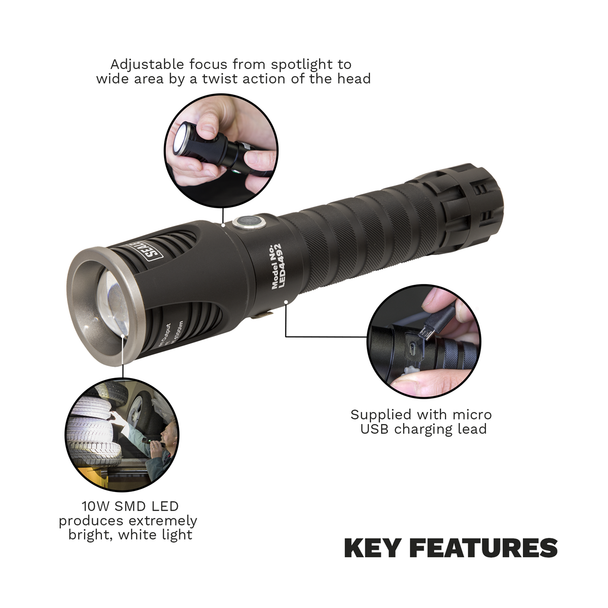 Sealey LED4492 ⏐ Rechargeable Aluminium Torch with Adjustable Focus 10W ...