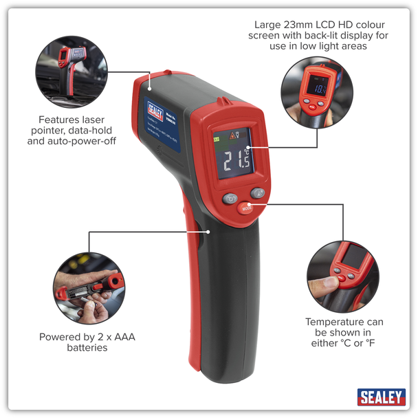 Sealey VS900 ⏐ Infrared Laser Digital Thermometer 12:1 | Compressed Air ...